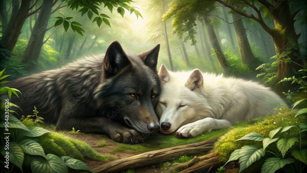 Peaceful coexistence depicted in serene forest scene featuring a black ...