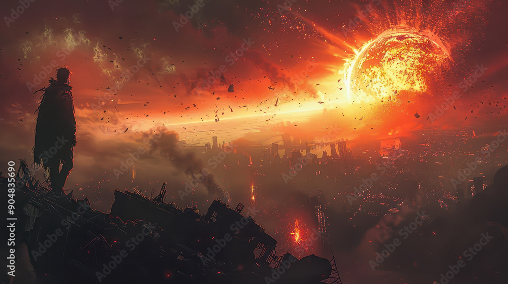 Apocalyptic Scene of Man on Ruins Witnessing Earth Explode at Sunset ...