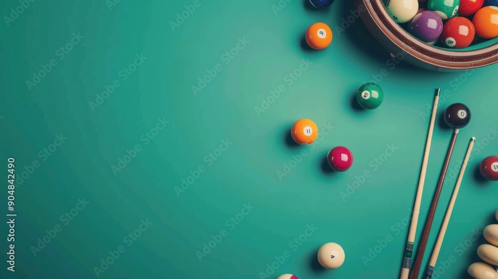 Billiards Table Top View with Pool Balls and Cues. Stock Photo | Adobe ...