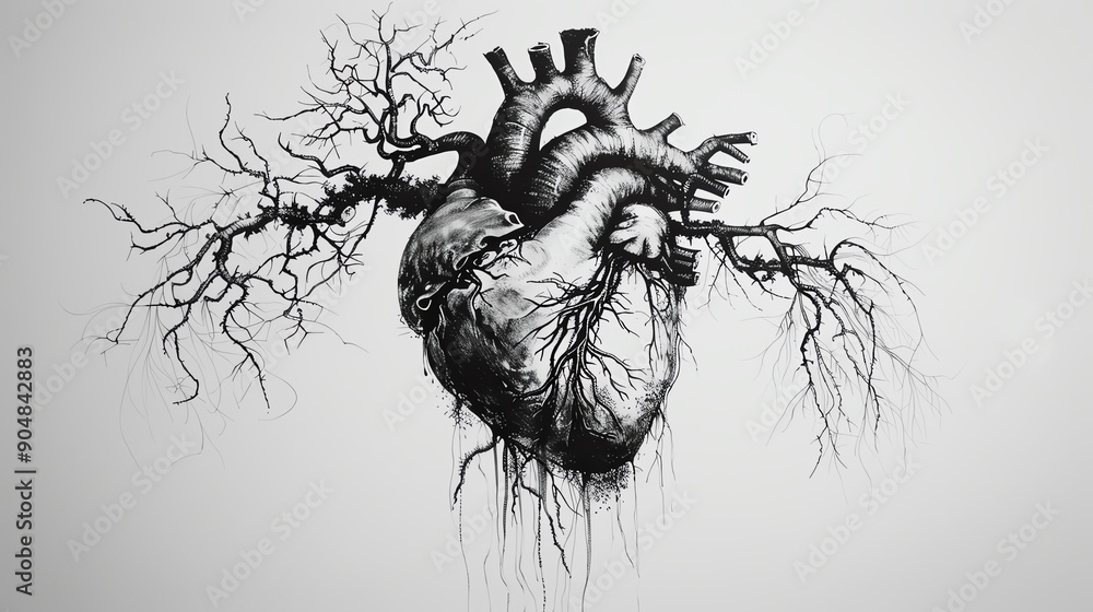 Anatomical heart with branching tree roots, detailed black and white ...