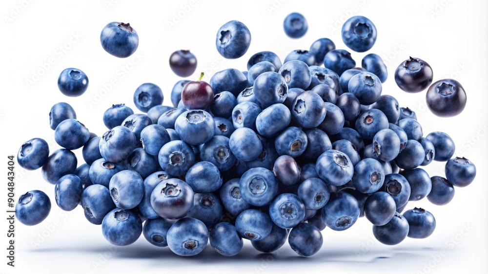 Freshly picked blueberries cascading downwards in mid-air, detached ...