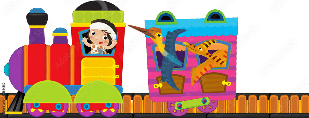 Cartoon funny looking colorful train locomotive wagon with dino ...