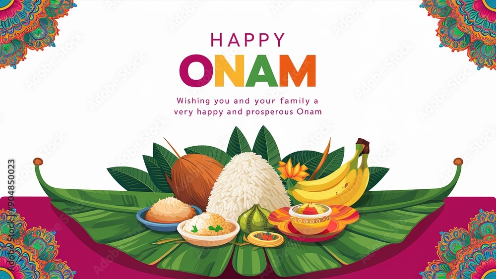 Illustration of happy onam with bana leaf and lots of fruit on green ...