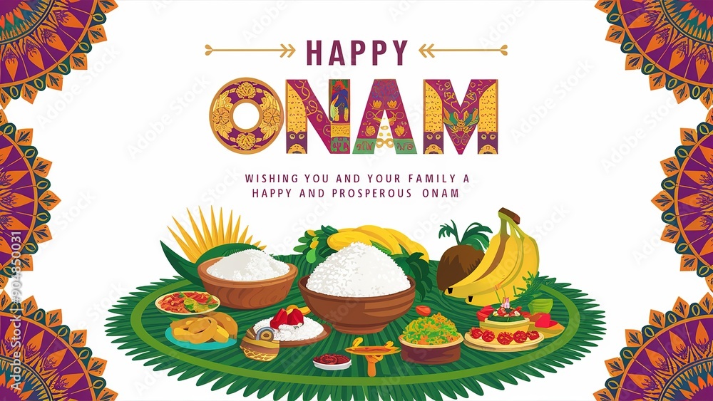 Illustration of happy onam with bana leaf and lots of fruit on green ...