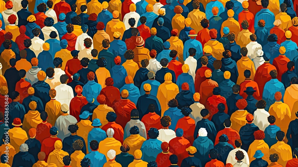 Colorful flat vector illustration of a diverse crowd, representing ...