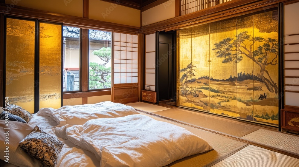 Elegant vintage Japanese room with luxurious gold-backed paintings and ...
