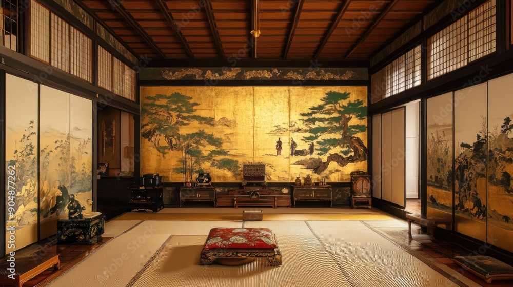 Elegant vintage Japanese room with luxurious gold-backed paintings and ...