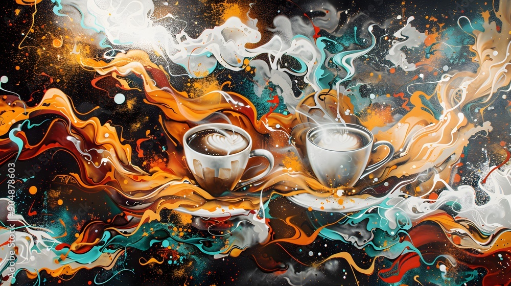 Graffiti Art Depicting Coffee Elements with Vibrant Colors and Urban ...