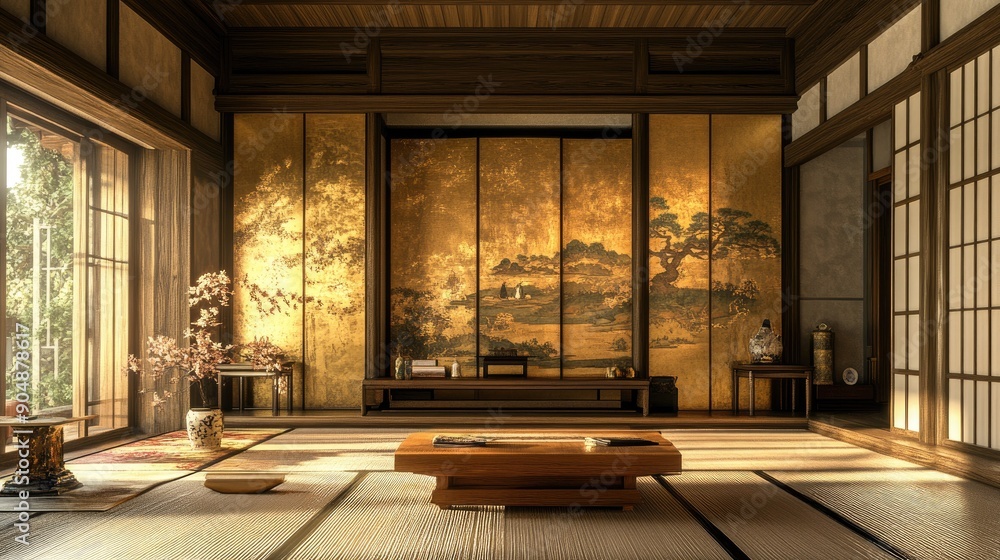 Vintage Japanese room background with detailed gold-backed paintings ...