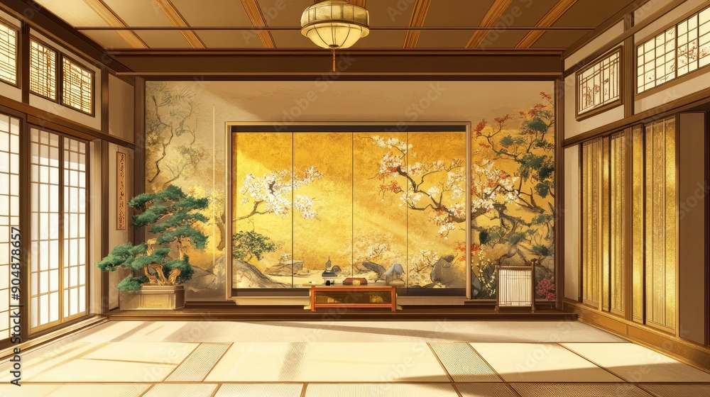 Vintage Japanese room background with detailed gold-backed paintings ...