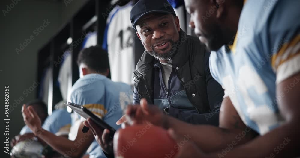 Black man, coach and football with captain on tablet in locker room for ...