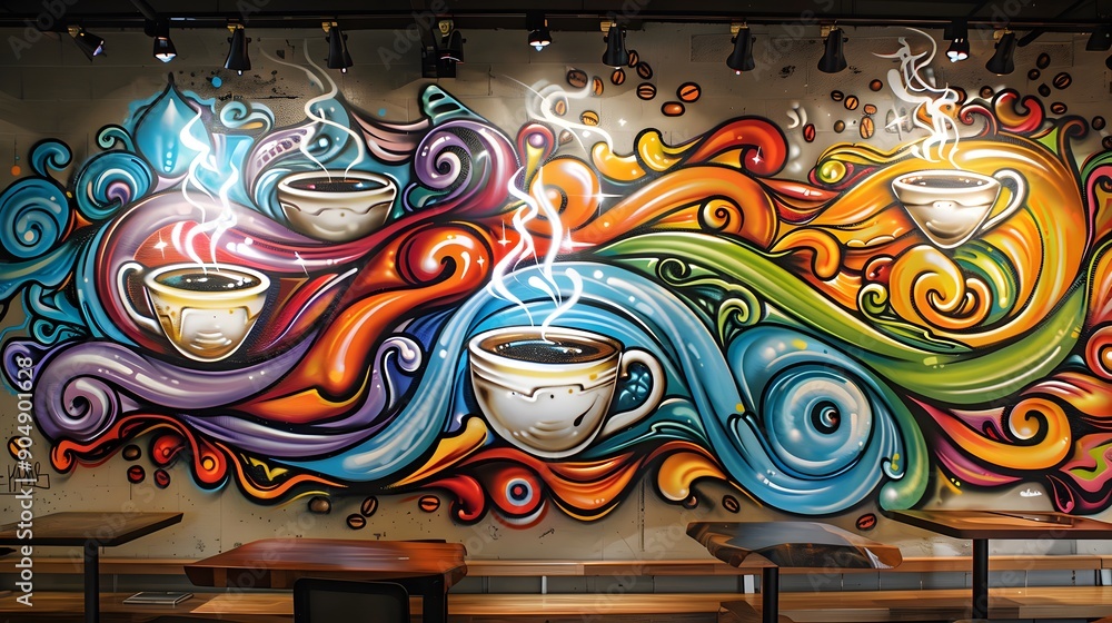 Graffiti Art Depicting Coffee Elements with Vibrant Colors and Urban ...