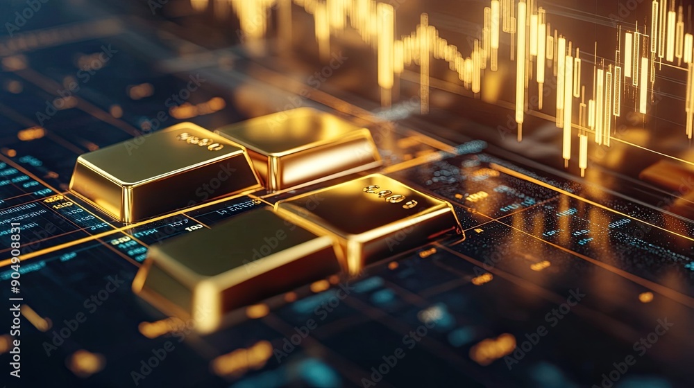 Financial chart showing gold prices with golden bars in the background ...