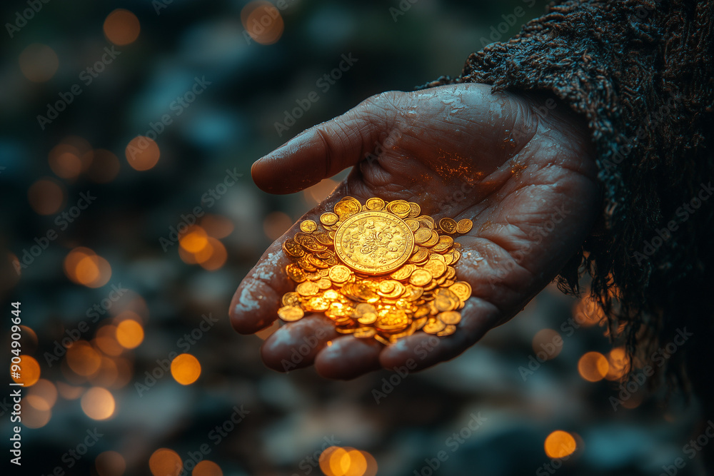 Poor man holding gold coins, Homeless man with shining gold coins ...