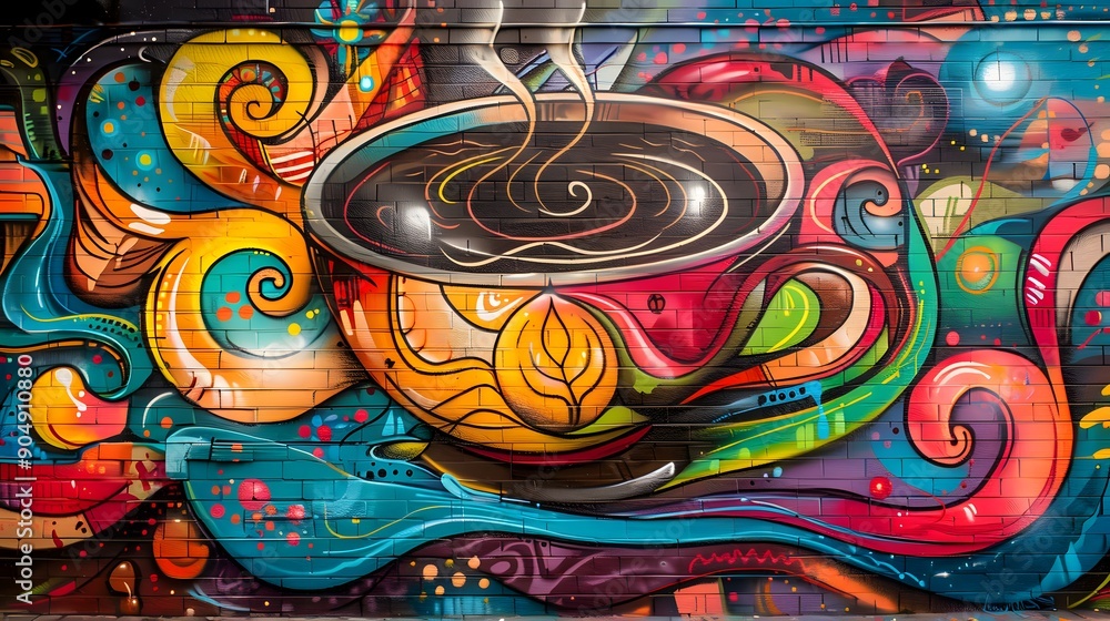 Graffiti Art Depicting Coffee Elements with Vibrant Colors and Urban ...