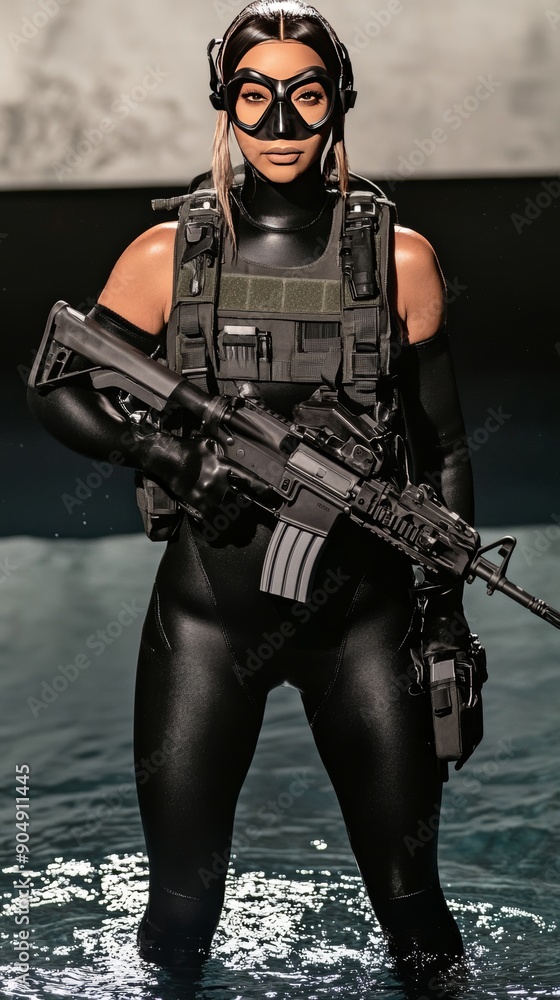 beautiful woman dressed in a black futuristic neoprene scuba diving ...