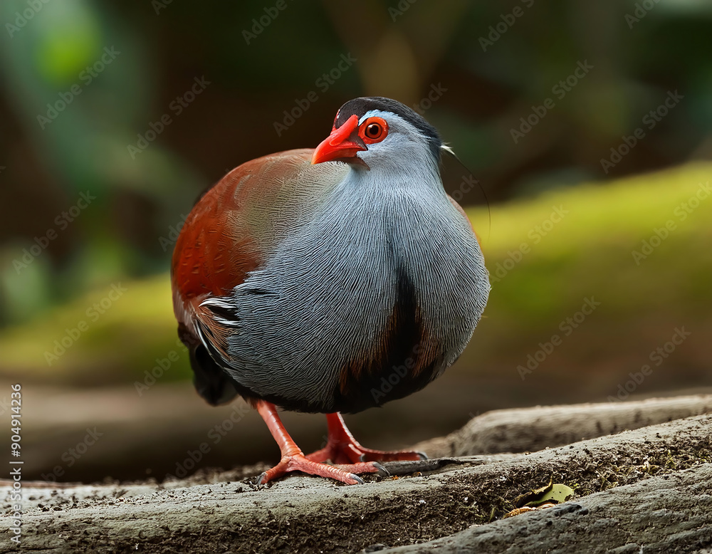 Wild rotund alectoris rufa bird with gray plumage and red beak roaming ...