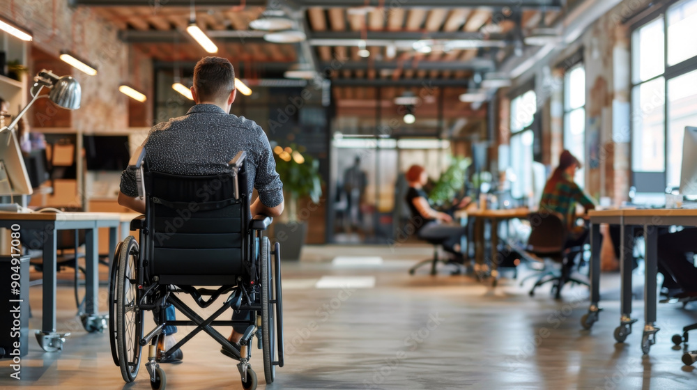 Man with disabilities at work. Guy in wheelchair in office among ...