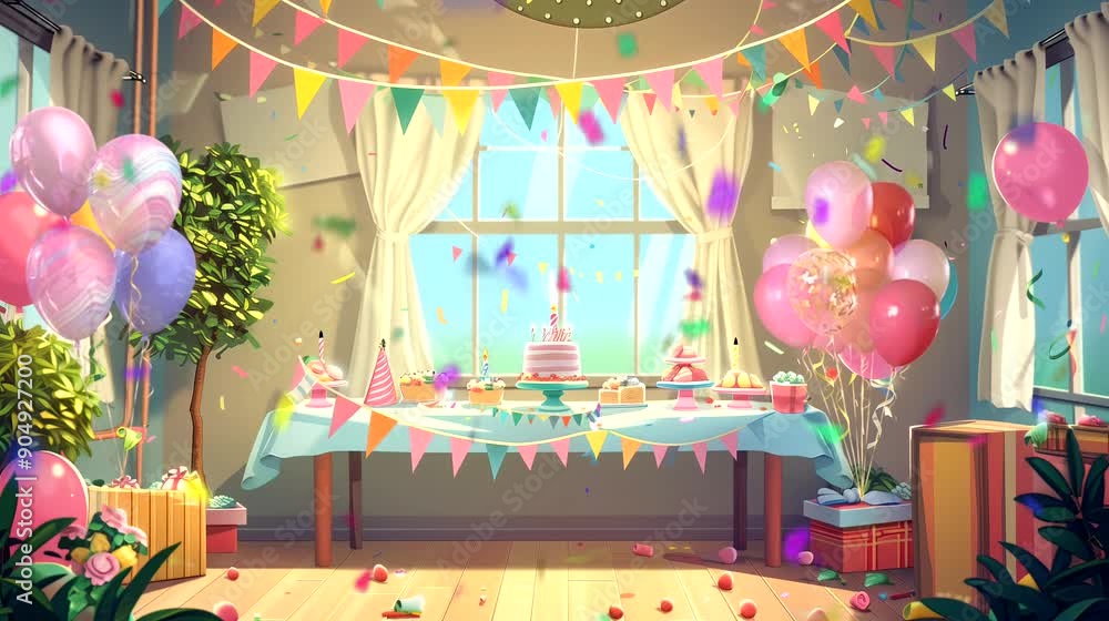 A neatly arranged simple birthday party room. Looping 4k video ...