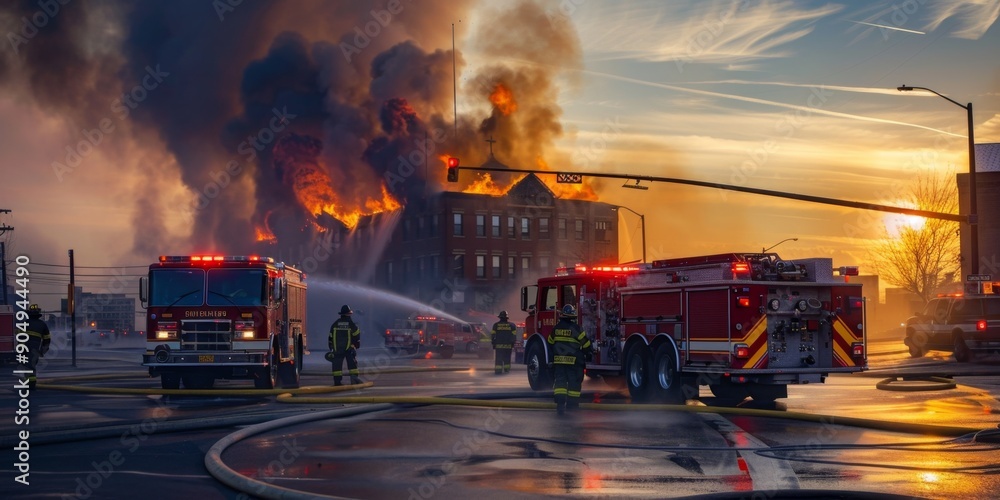 Heroic Firefighters Battling Intense Building Blaze at Night. Emergency ...