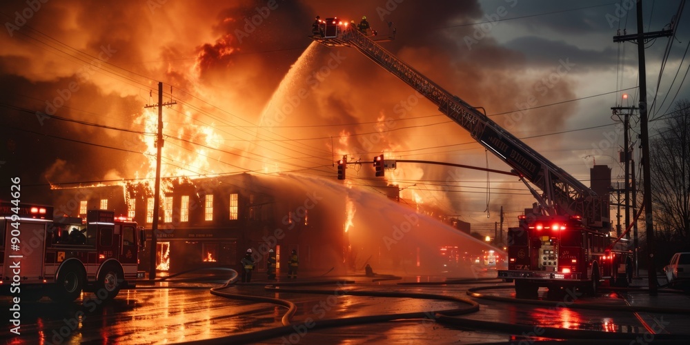 Heroic Firefighters Battling Intense Building Blaze at Night. Emergency ...
