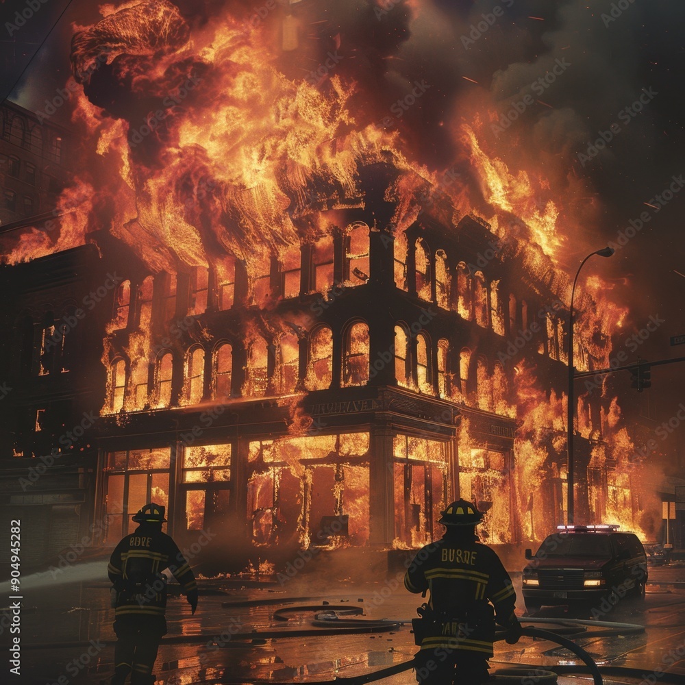 Heroic Firefighters Battling Intense Building Blaze at Night. Emergency ...