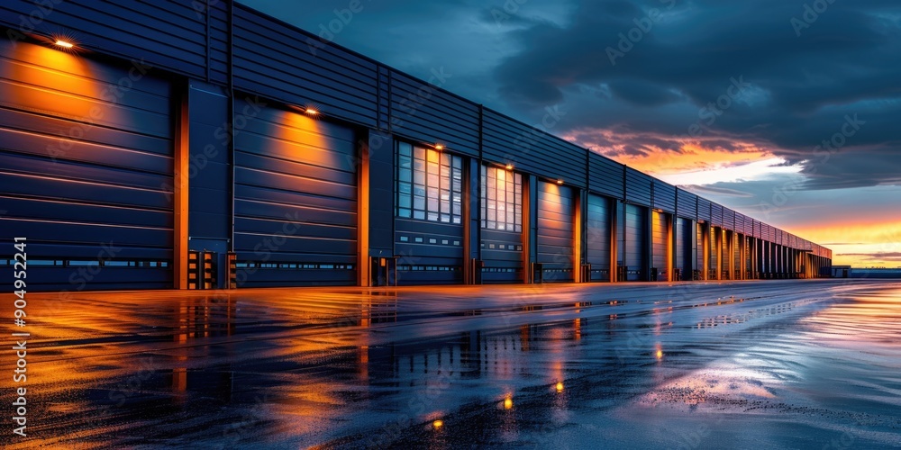 Modern industrial warehouse or distribution center exterior at sunset ...