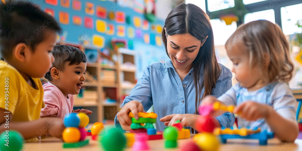 Preschool teacher with children playing with colorful wooden toys ...