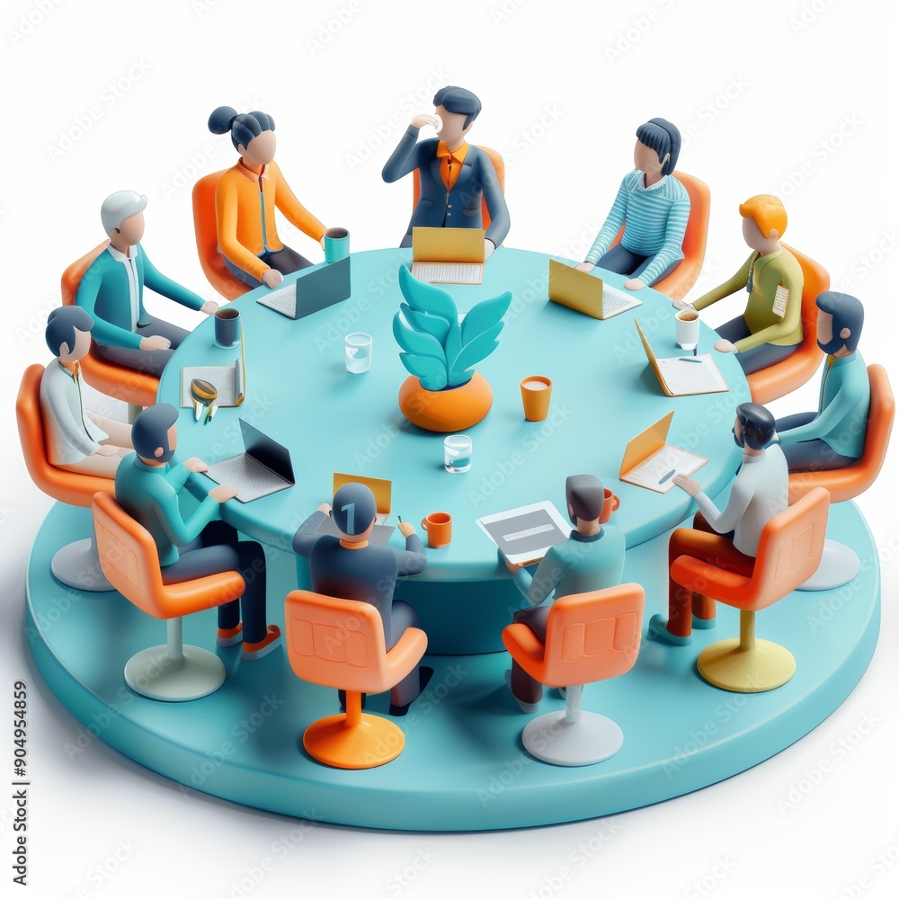 A 3D icon of a round table with team members seated and engaged in a ...