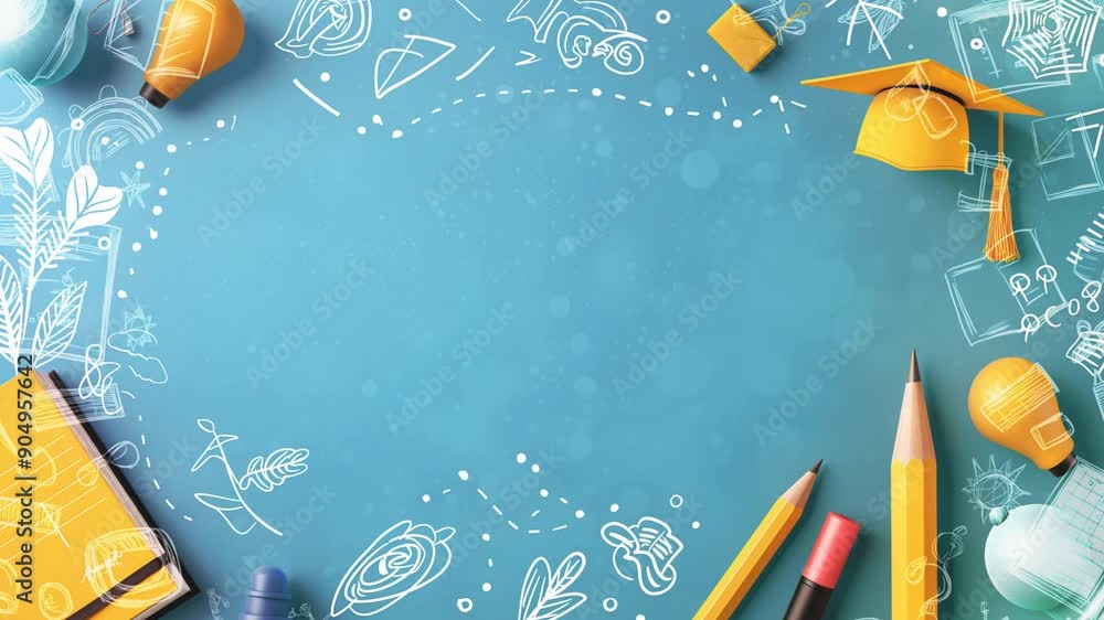 education background with graduation cap, book, light bulb and pencils ...