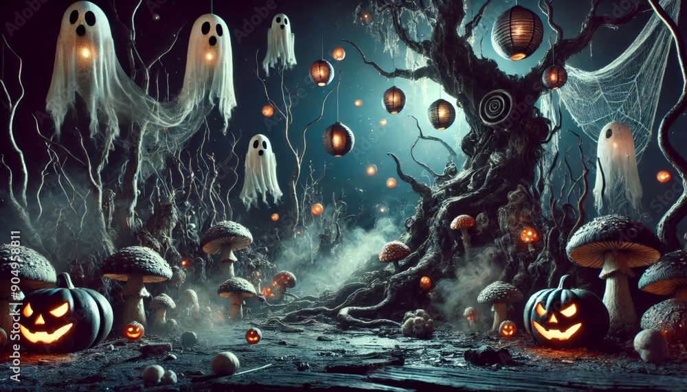 Spooky Enchanted Forest with Twisted Trees, Eerie Glowing Mushrooms ...