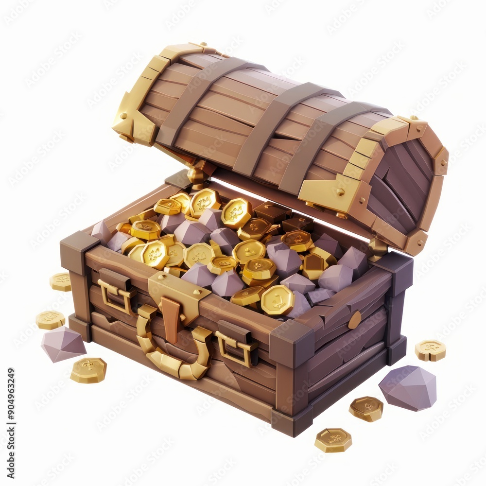 3D Render, Low Poly style of a treasure hoard, on isolated white ...