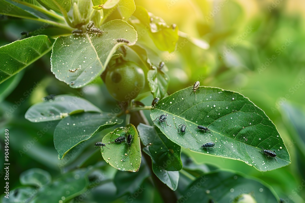 Ants and Aphids. Insect pests. Little black aphid Colony on a green ...