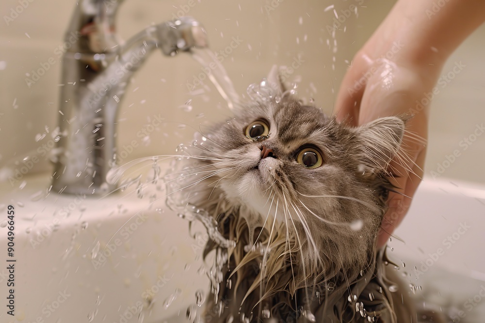 Wet Cat taking bath, shower In bathtub. Funny washing cat with shampoo ...