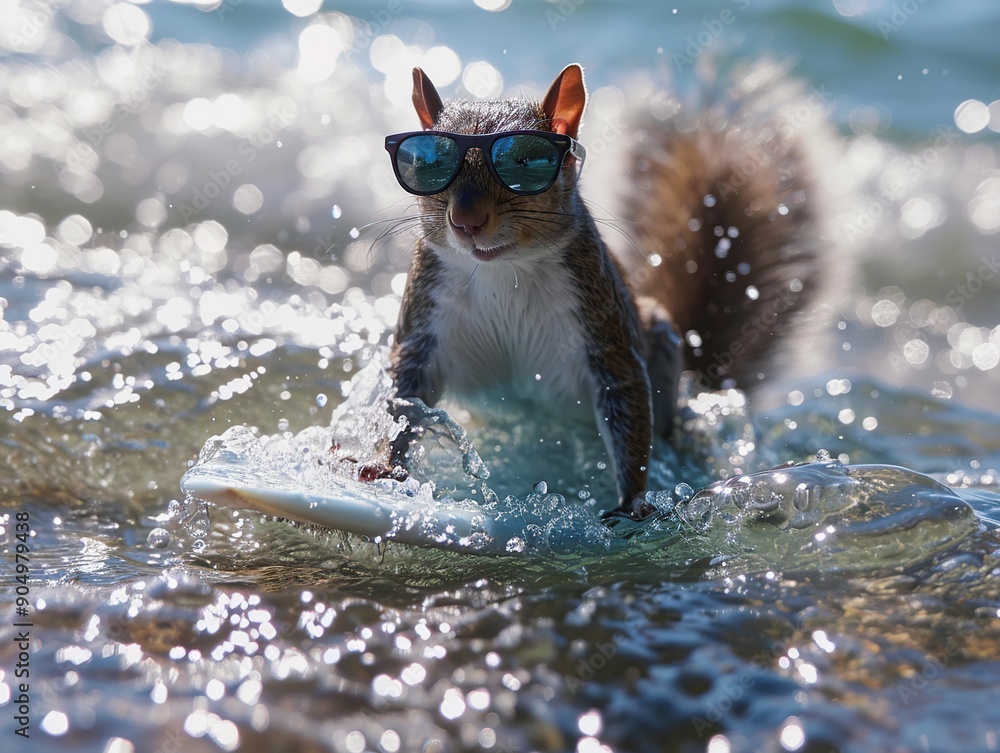 Squirrel with sunglasses surfing on the roof of a surfboard. Stock ...