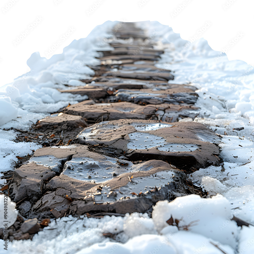 dirty snow and slush on the road is close isolated on white background ...