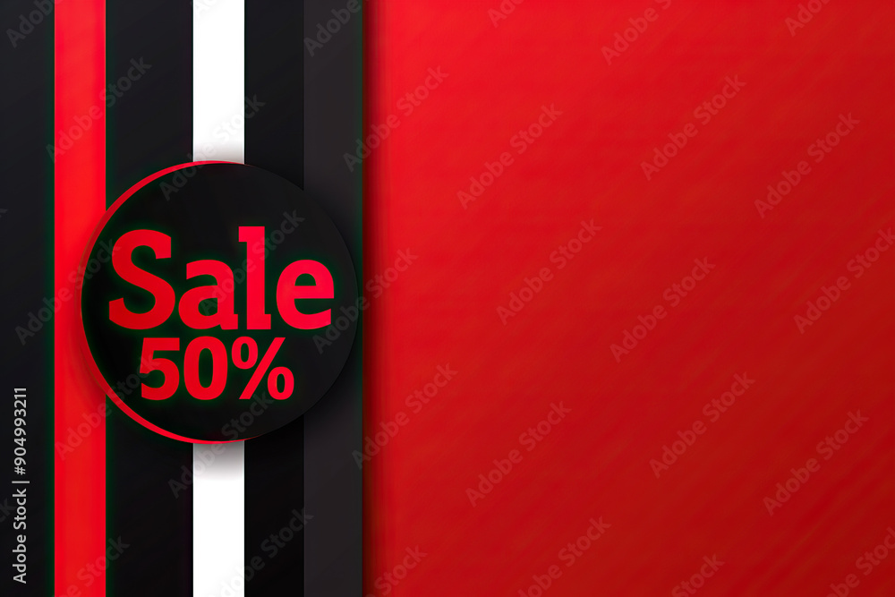 Bold 50% off sale sign on a dramatic red and black striped background ...