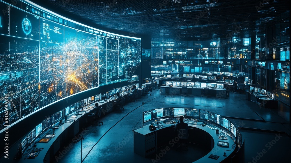 Operators monitor extensive data maps and connectivity metrics in a ...