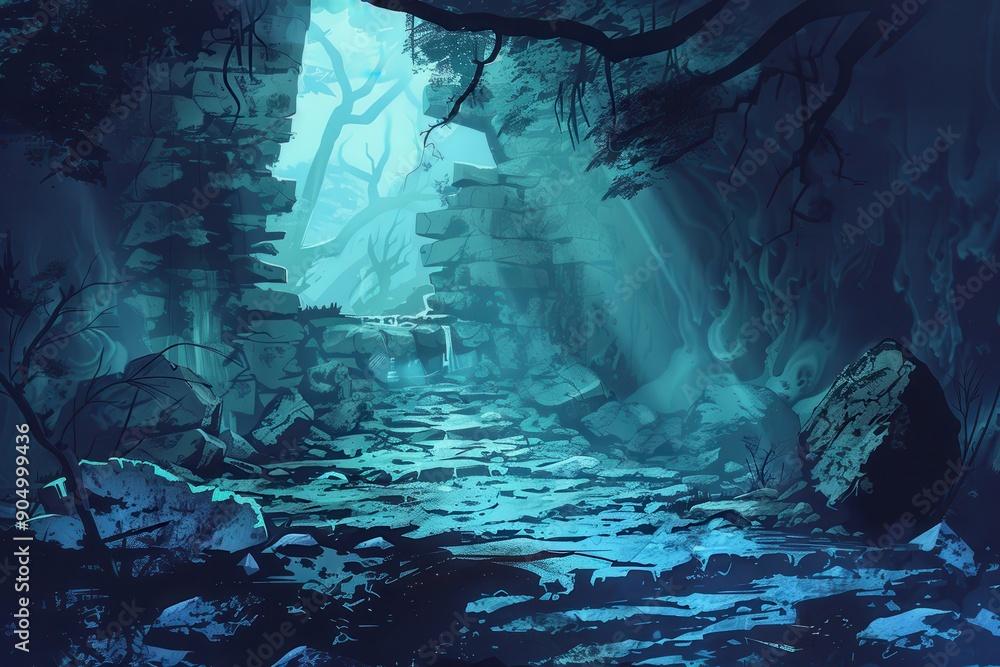 Mystical ruins overgrown by twisted trees in a forgotten realm Stock ...