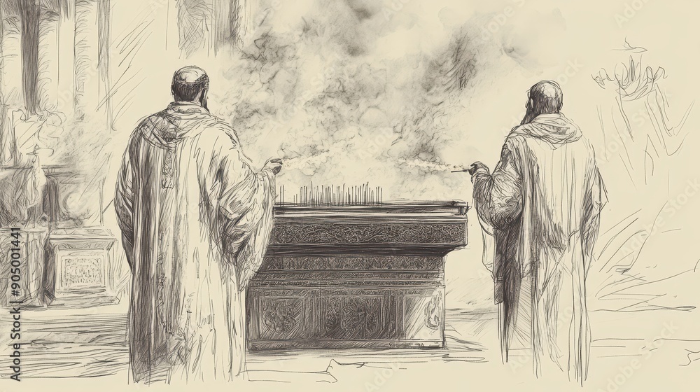 High Priest Burning Incense on Altar, Smoke Filling Tabernacle with ...