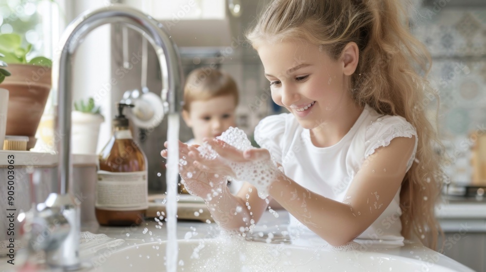 Loving Mother Teaching Child Proper Handwashing Technique. Family ...