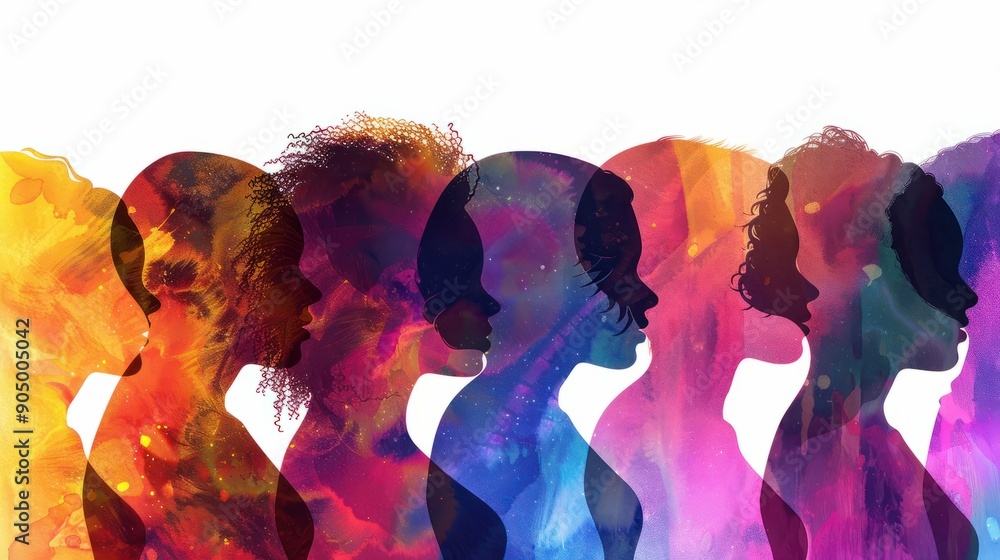 Colorful silhouettes in profile with group of multicultural and ...