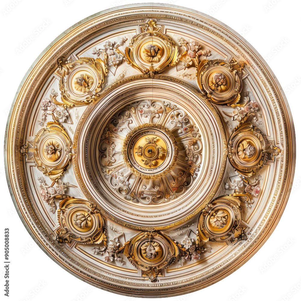 Round ornate ceiling showing plaster decoration in gold and white with ...
