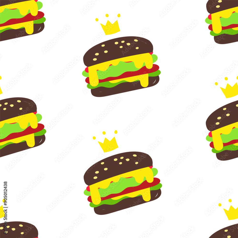 Cute cheeseburger with crown seamless pattern. Template for Notebook ...