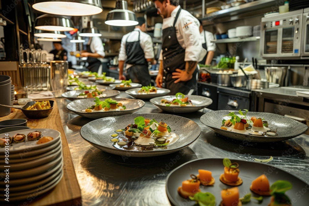 Restaurant kitchen with chefs working. This photo shows a restaurant ...