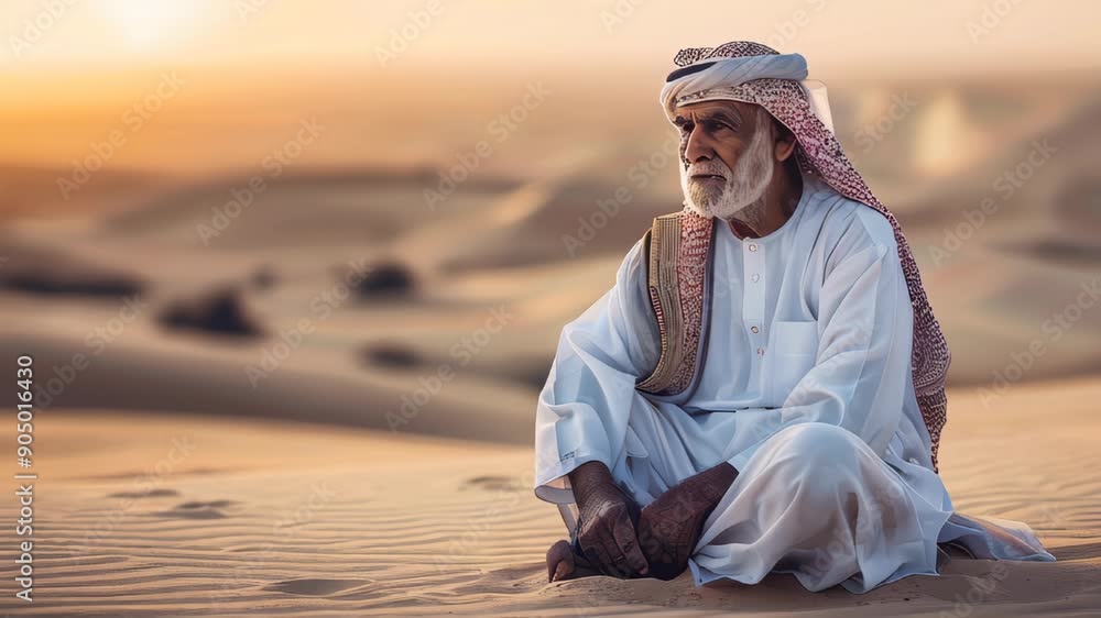 Traditional dressed old Arab man sitting in the dessert Stock Video ...