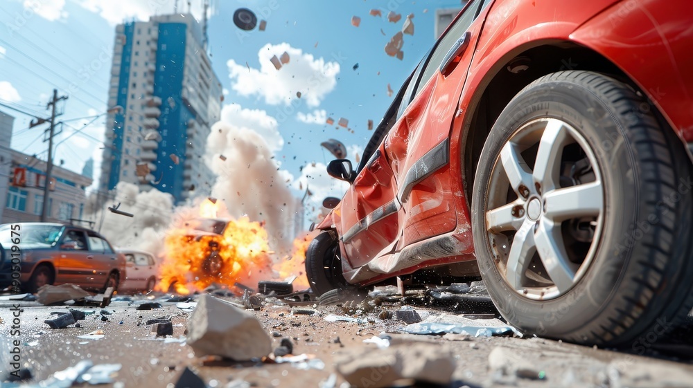 Chaotic scene of a multi-car pileup, showcasing the aftermath of a ...