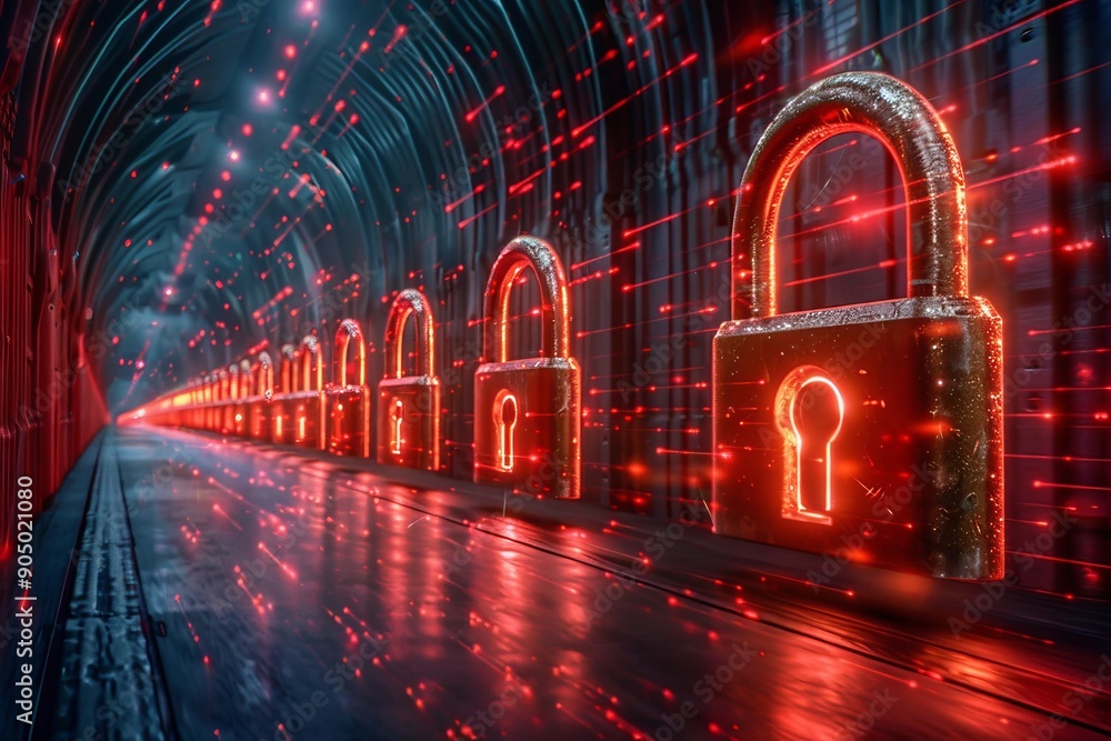 Network Of Interconnected Digital Locks Portraying A Complex System Of Security In A High Tech