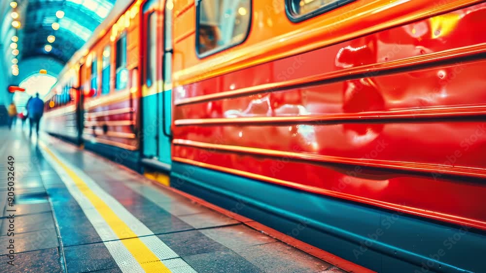 Train in subway station. Red and blue platform. Modern underground ...