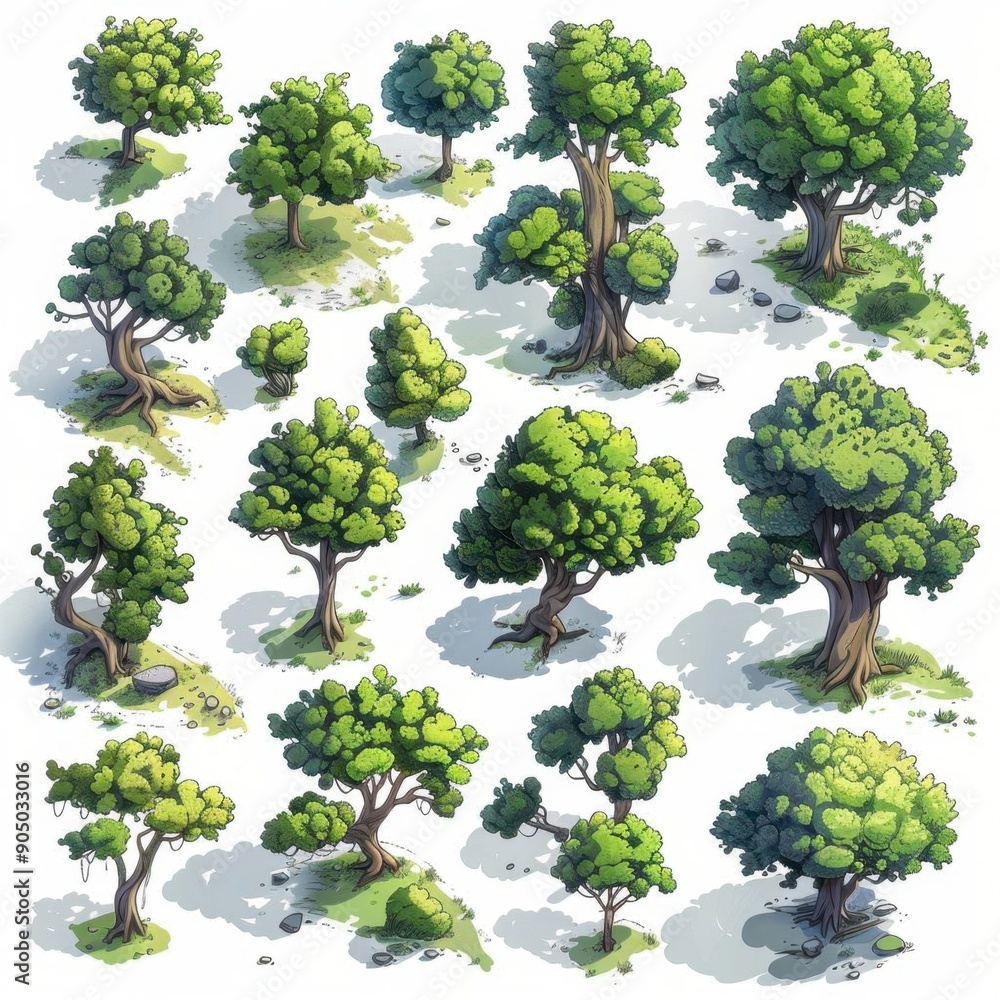 A collection of hand-drawn cartoon trees. The trees are in various ...